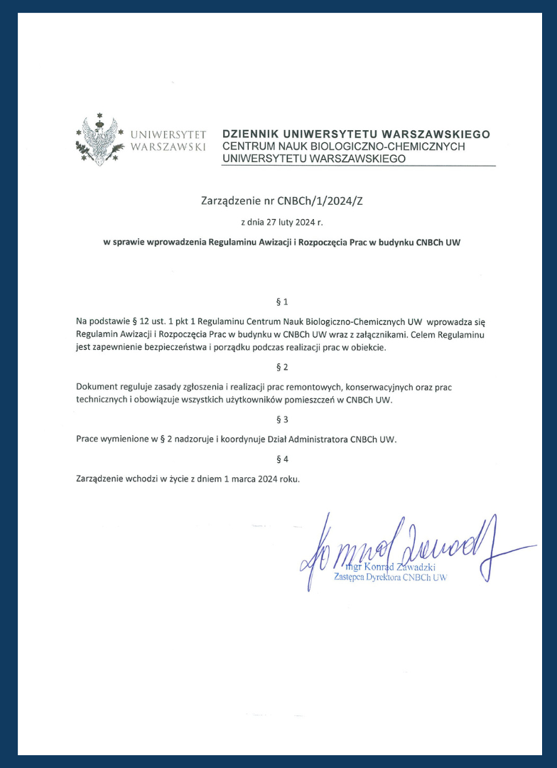 Regulamin Awizacji i Rozpoczęcia Prac w budynku CNBCh UW - Centrum Nauk ...